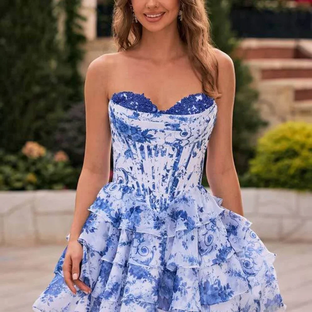 Stacees | Dresses | Aline Cowl Neck Blue Floral Print Strapless Laceup ...